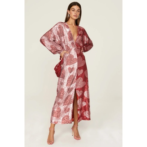 FARM Rio | Dresses | Farm Rio Heart Sequin Red Pink Midi Dress Gorgeous ...